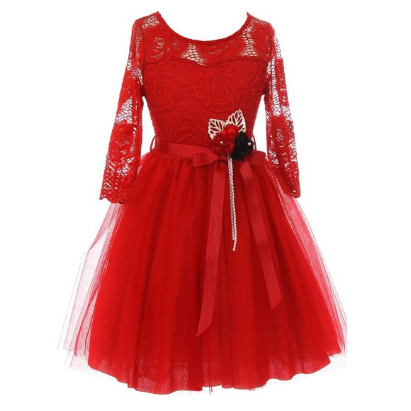 Bny Corner | Dresses | Red Sz 2 Long Sleeve Girls Dress Floral Lace ...